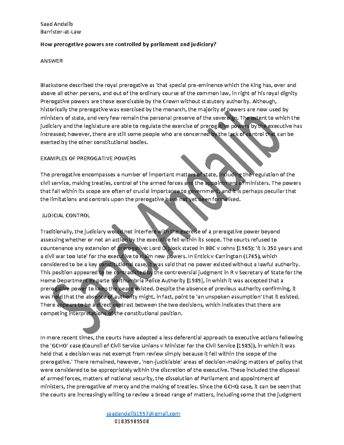 RP Q and A - royal prerogative - Saad Andalib Barrister-at-Law ...