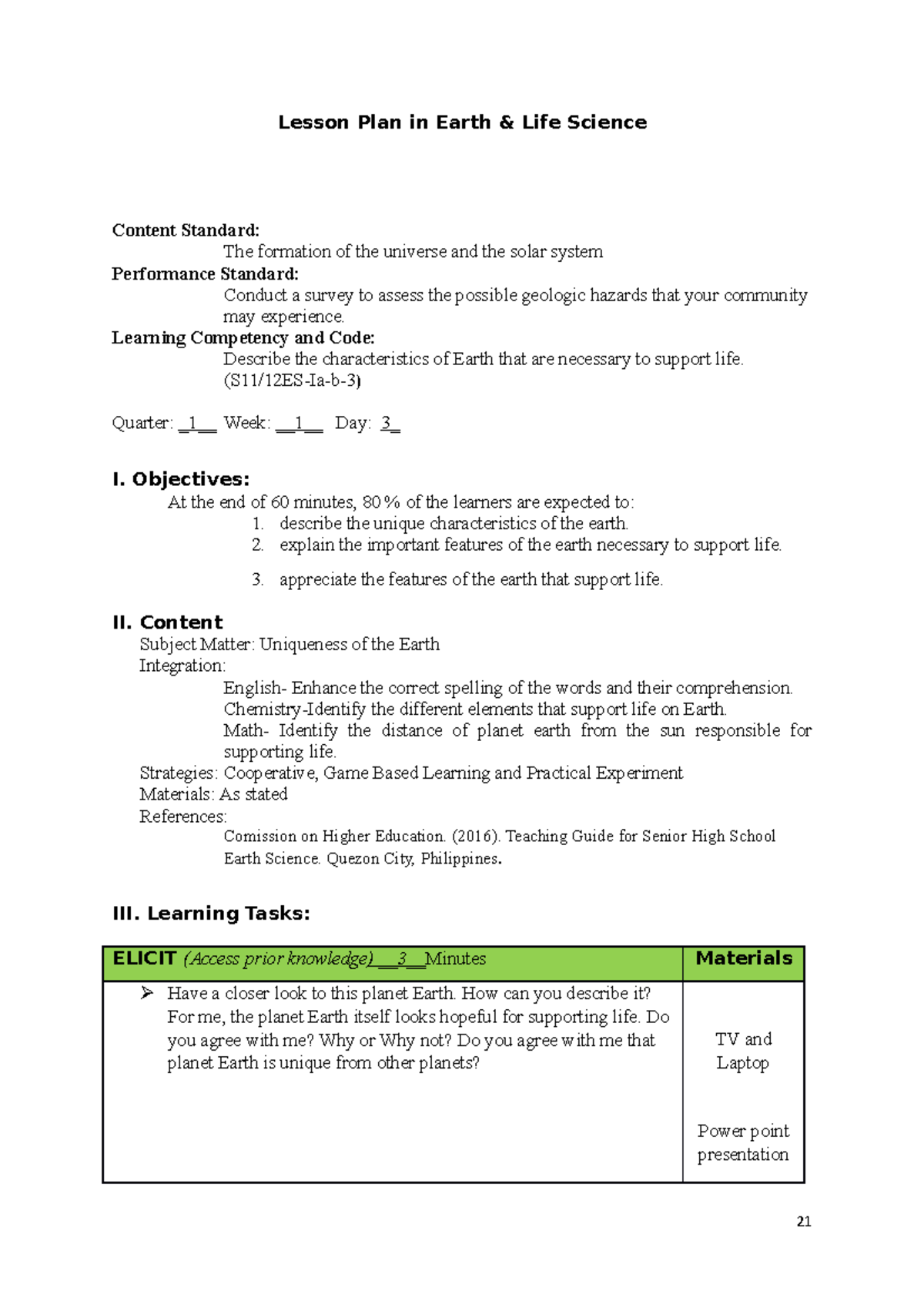 LC 3 - ... - Lesson Plan in Earth & Life Science Writer: Daisy R. Yap ...