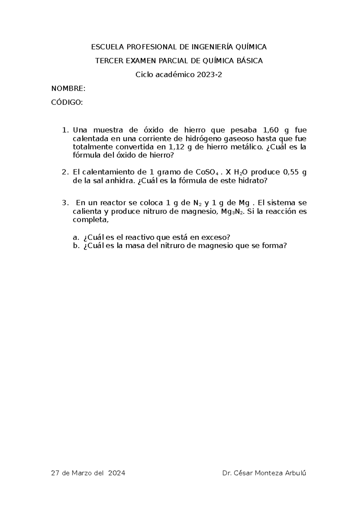 III EP QB 2023-2 - examen - ESCUELA PROFESIONAL DE INGENIERÍA QUÍMICA TERCER EXAMEN PARCIAL DE ...