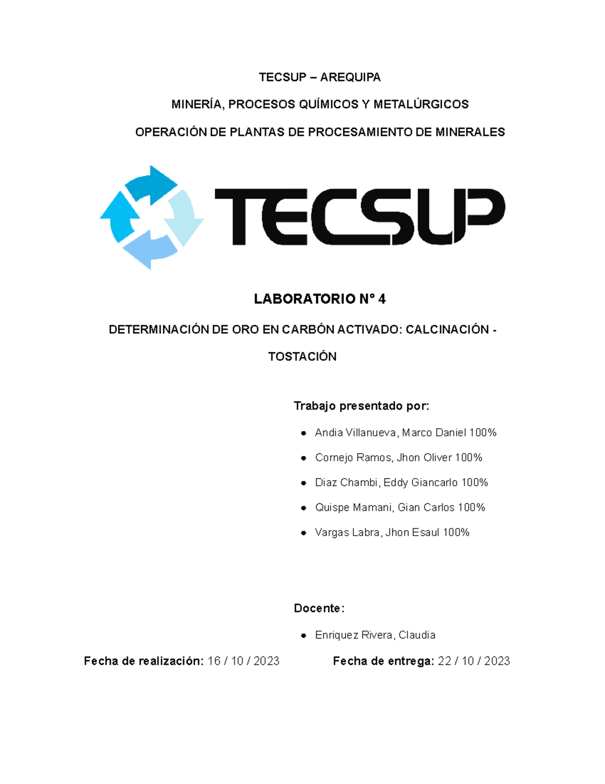 Laboratorio N°4 de Piro Grupal - TECSUP – AREQUIPA MINERÍA, PROCESOS QUÍMICOS Y METALÚRGICOS ...