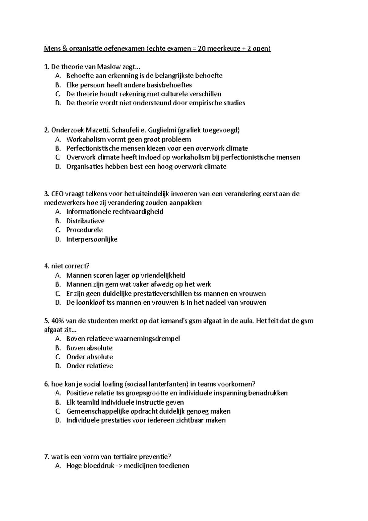 Mensandorg Oefenexamen Oefnexamen Mens And Organisatie Oefenexamen