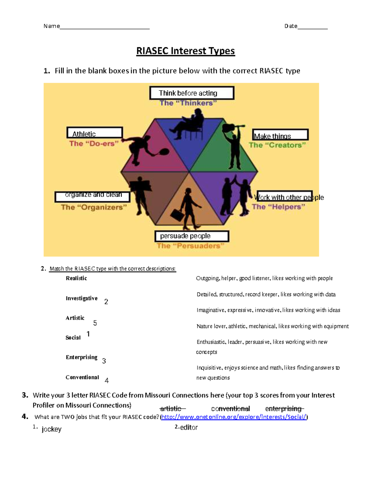 Riasec Worksheet (4)-1 - Name___________________________ Date_________ RIASEC Interest Types 1 ...