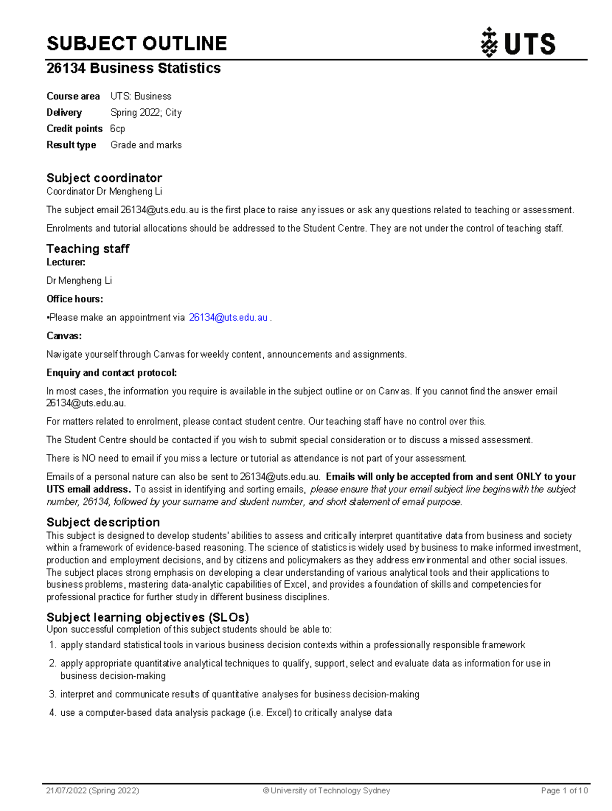Statistics SO - ..................... - SUBJECT OUTLINE 26134 Business ...