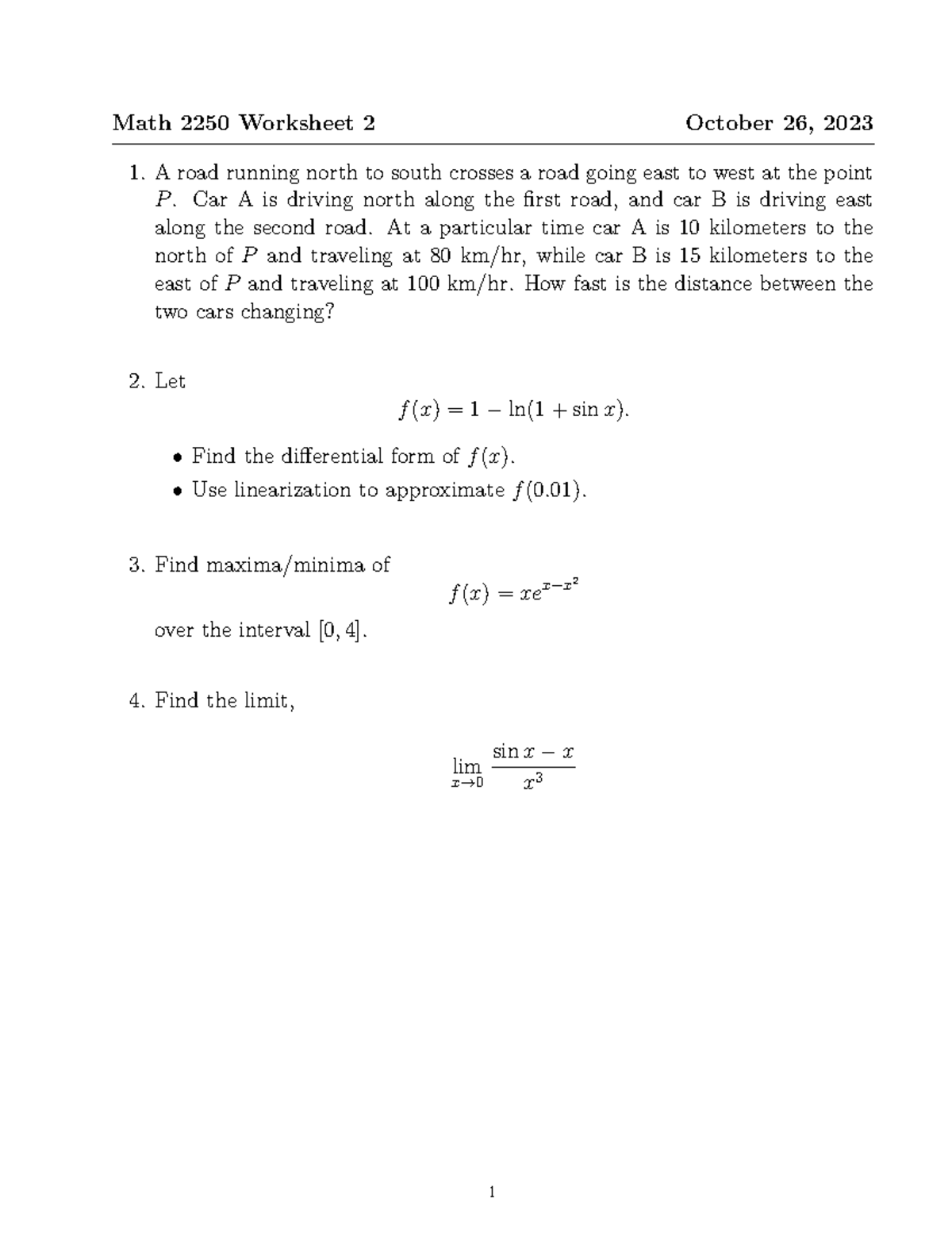 Math 2250 Worksheet 2 - Math 2250 Worksheet 2 October 26, 2023 A road ...