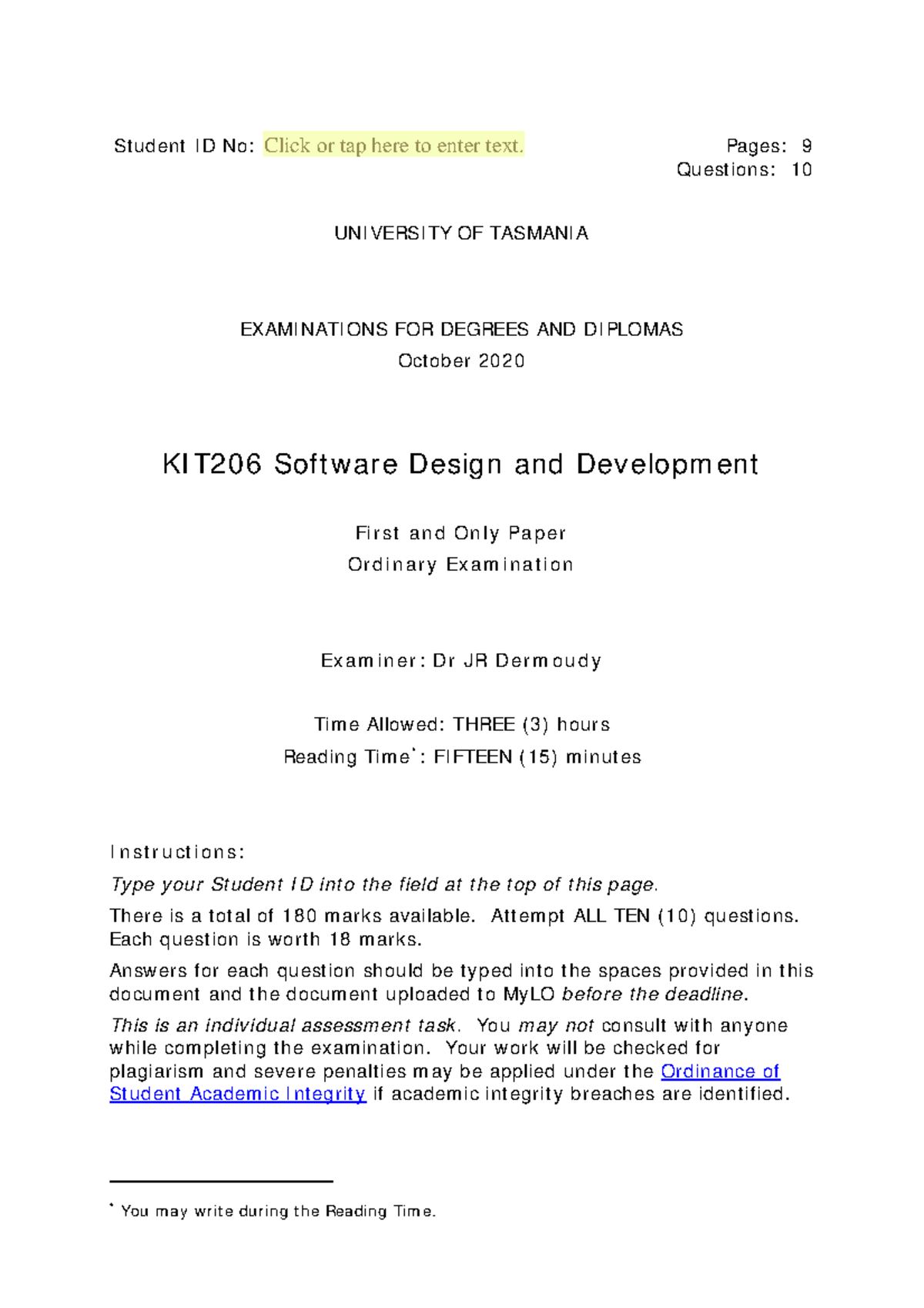 KIT206 2020 past year - KIT506 - UTAS - Studocu