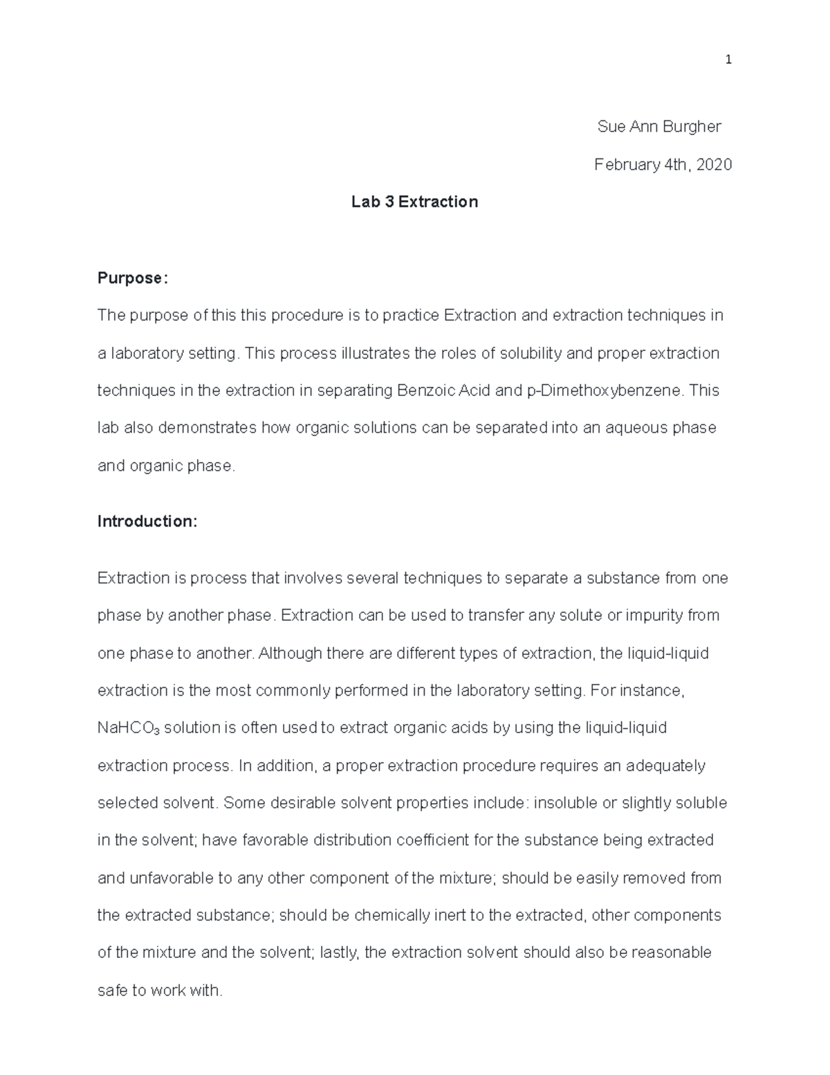 Lab 3 Extraction - Sue Ann Burgher February 4th, 2020 Lab 3 Extraction Purpose: The purpose of ...