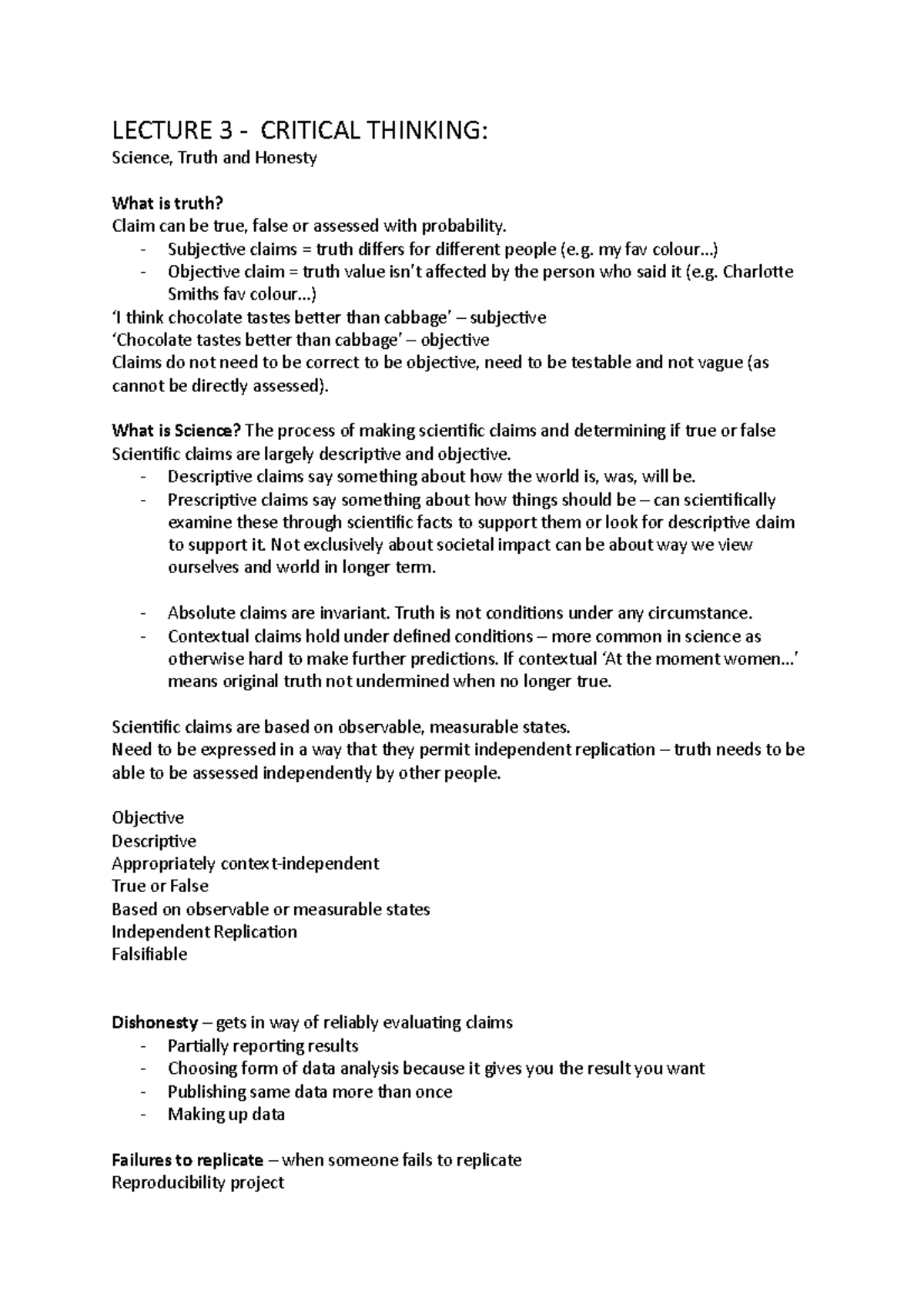 Lecture 3 Critical Thinking Lecture 3 Critical Thinking Science Truth And Honesty What