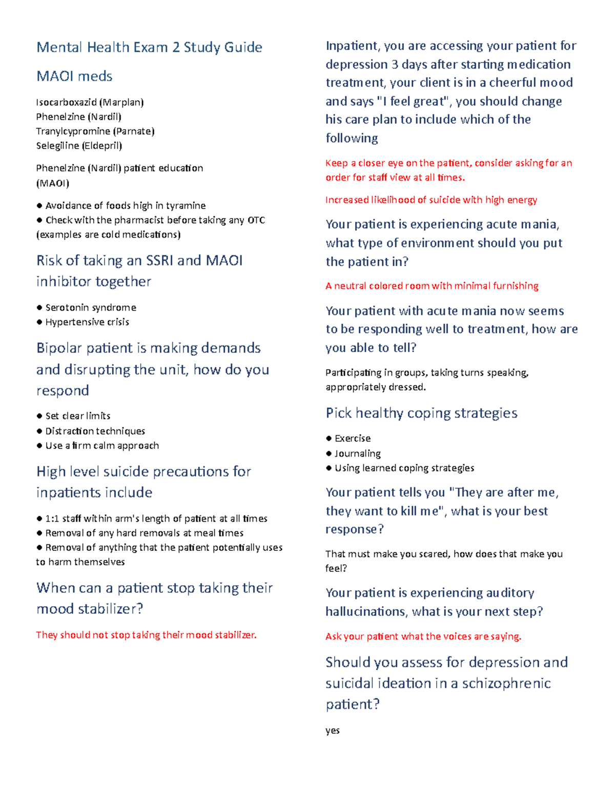 Mental Health exam 2 study guide - Mental Health Exam 2 Study Guide ...