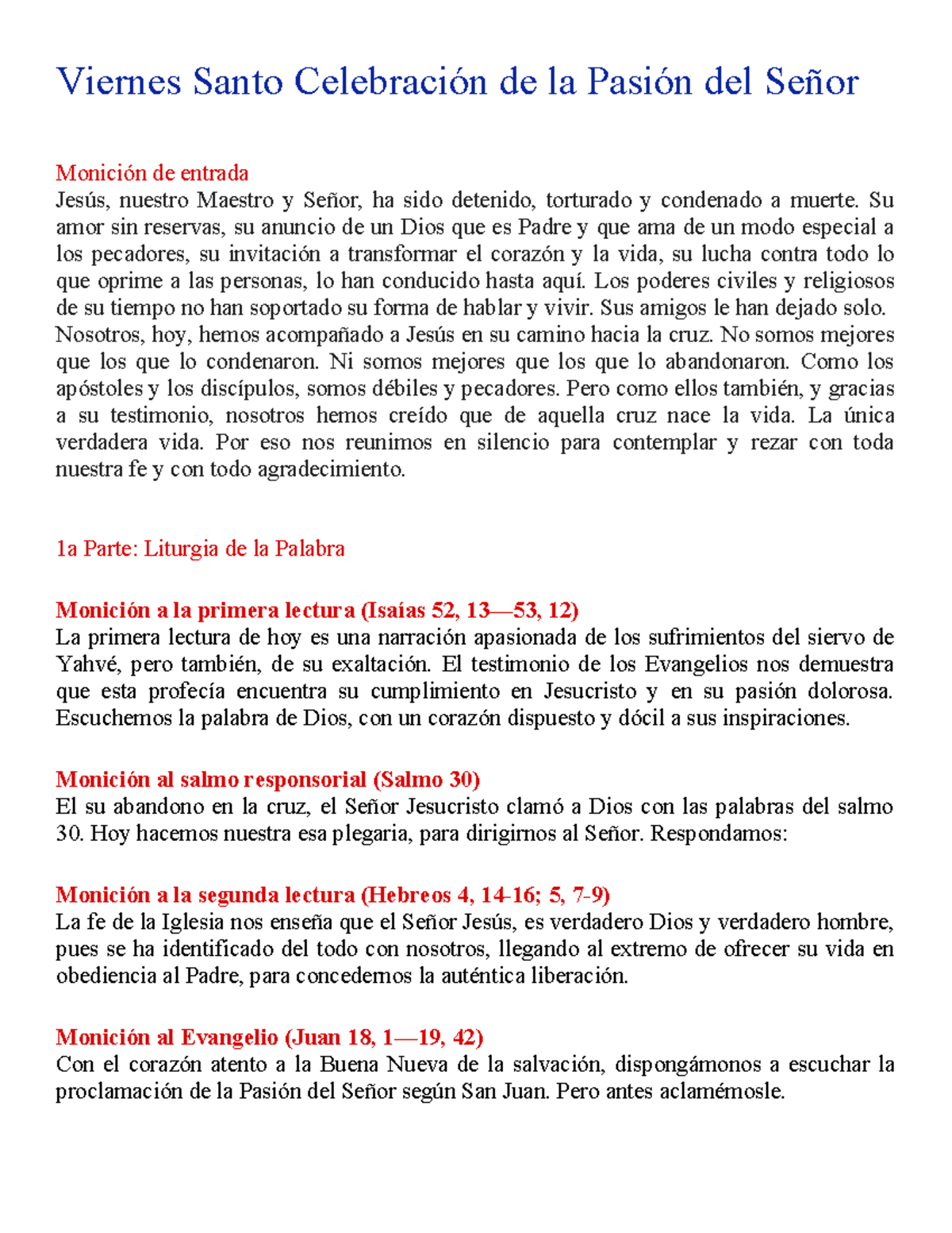 Viernes Santo Celebración de la Pasión del Señor Moniciones - Viernes Santo Celebración de la ...
