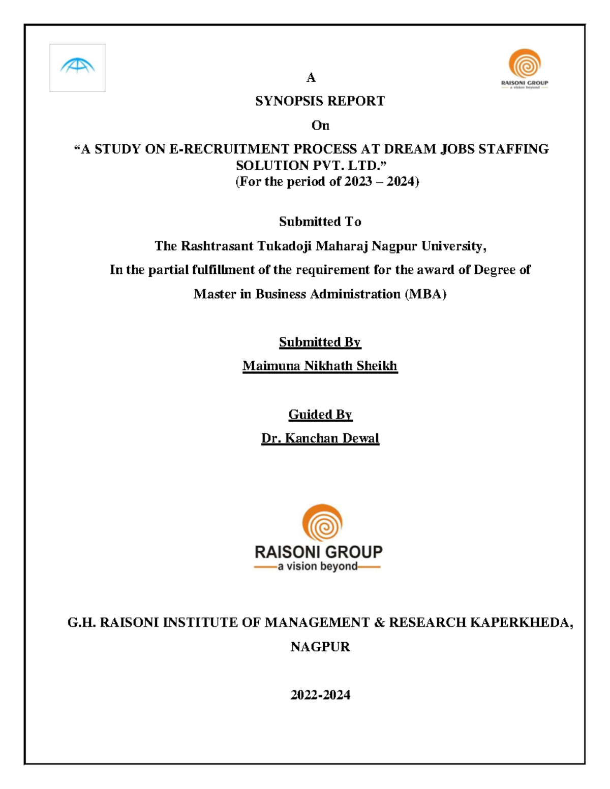 Erecruitment Process Final Project Synopsis - A SYNOPSIS REPORT On “A ...