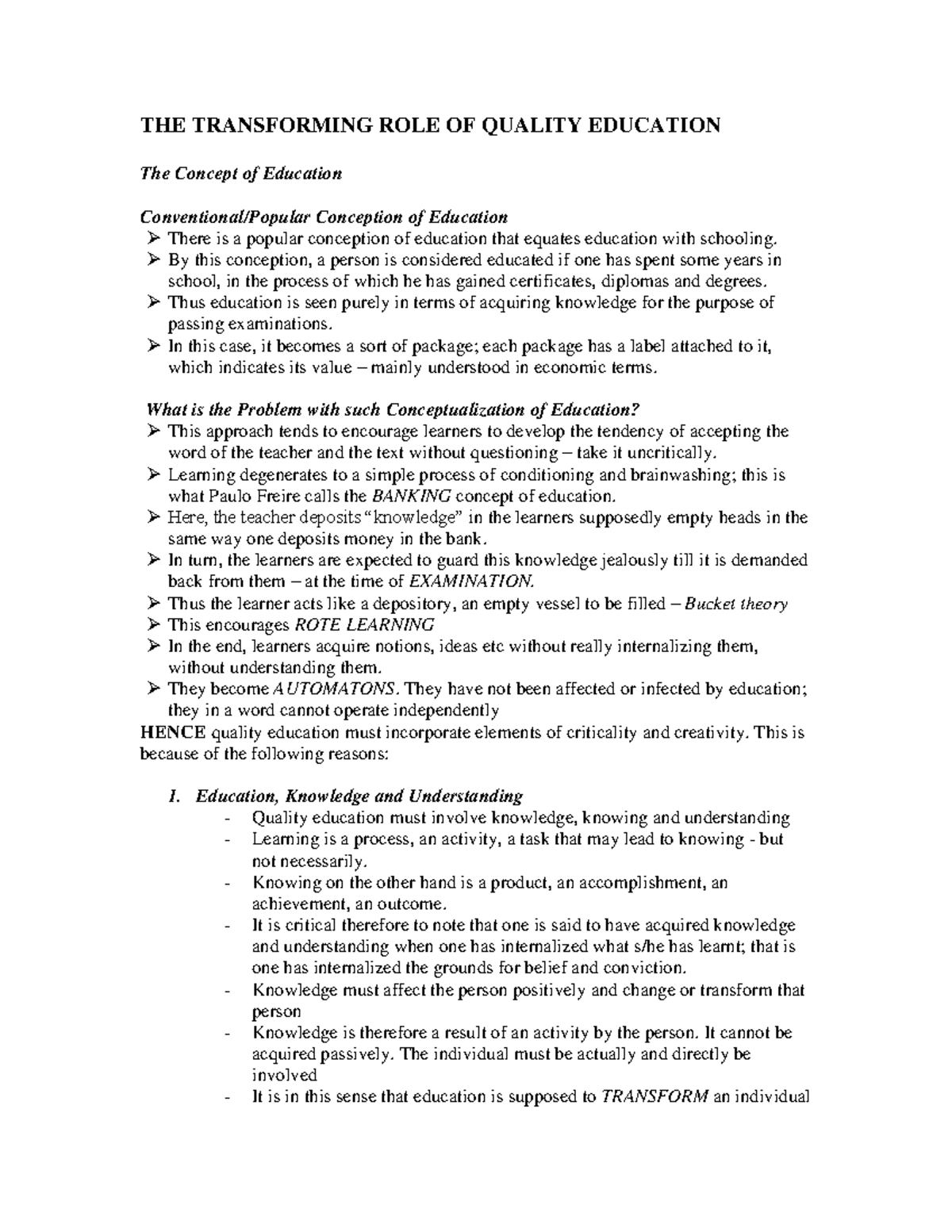 Transforming Role of Quality Education - THE TRANSFORMING ROLE OF ...