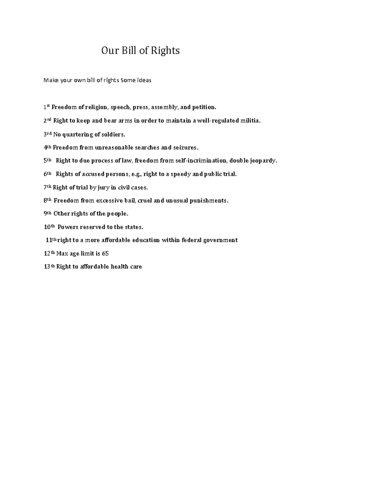 Our Bill Of Rights Notes From Class Our Bill Of Rights Make Your