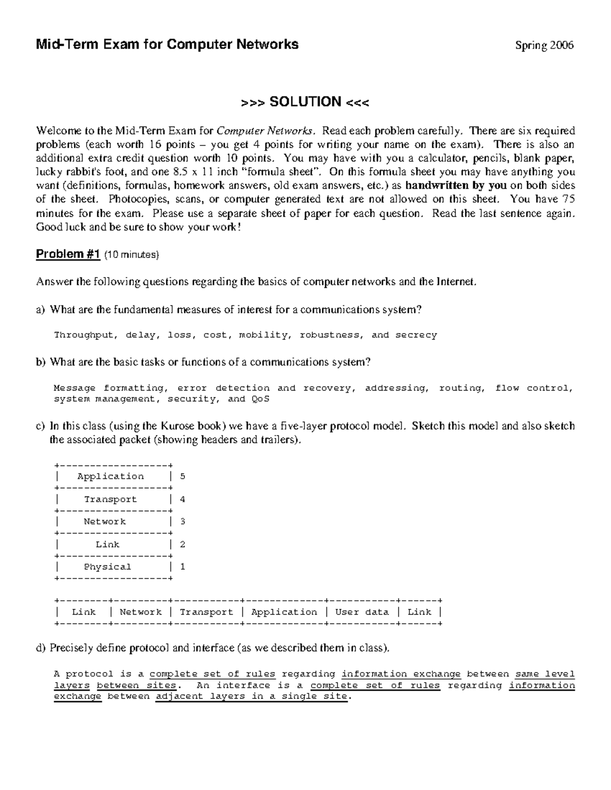 Mid Term Exam for Computer Networks SOLU - Read each problem carefully ...