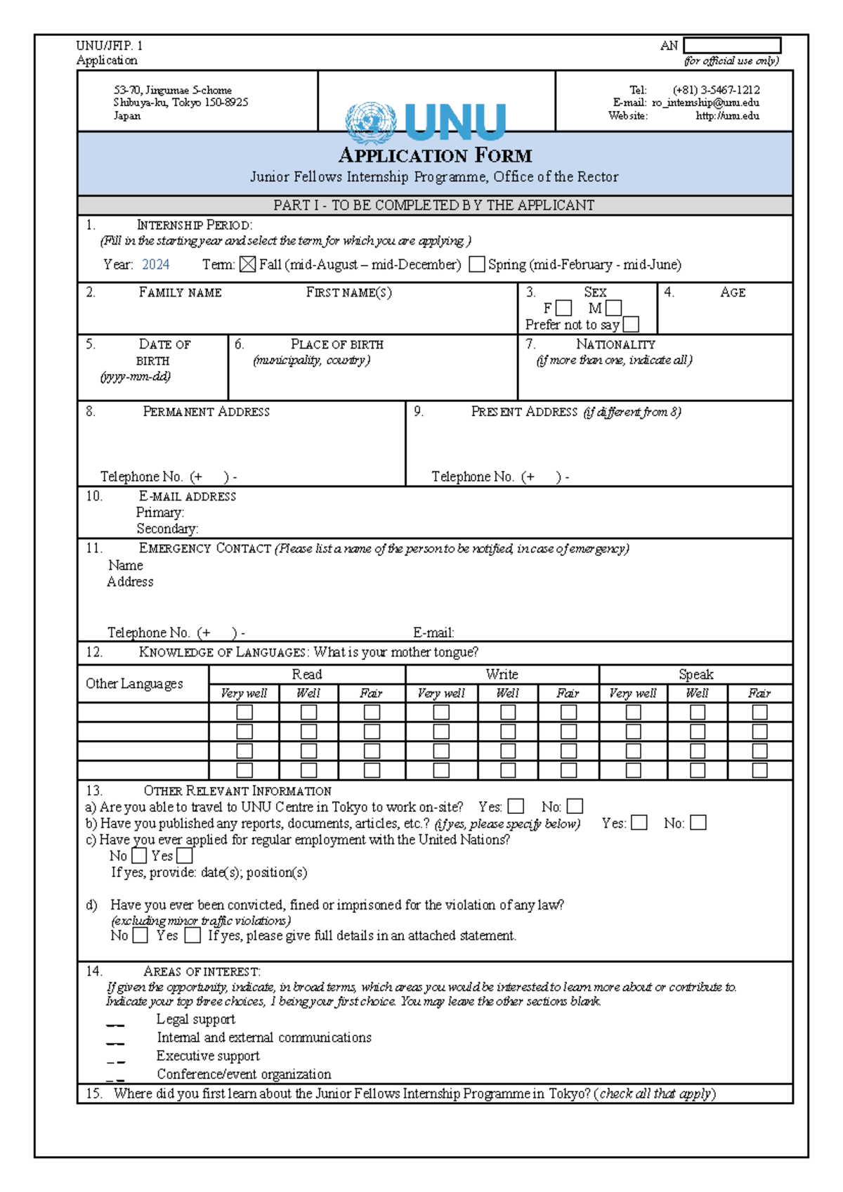 Application Form Junior Fellow Internship Programme - UNU/JFIP. 1 AN ...