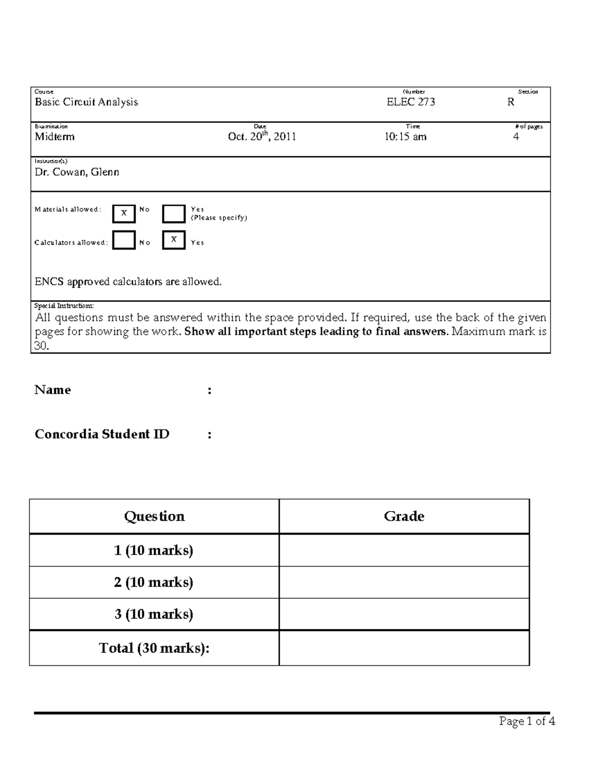 ELEC 273 - Midterm (2011-F) - Course Number Section Basic Circuit ...