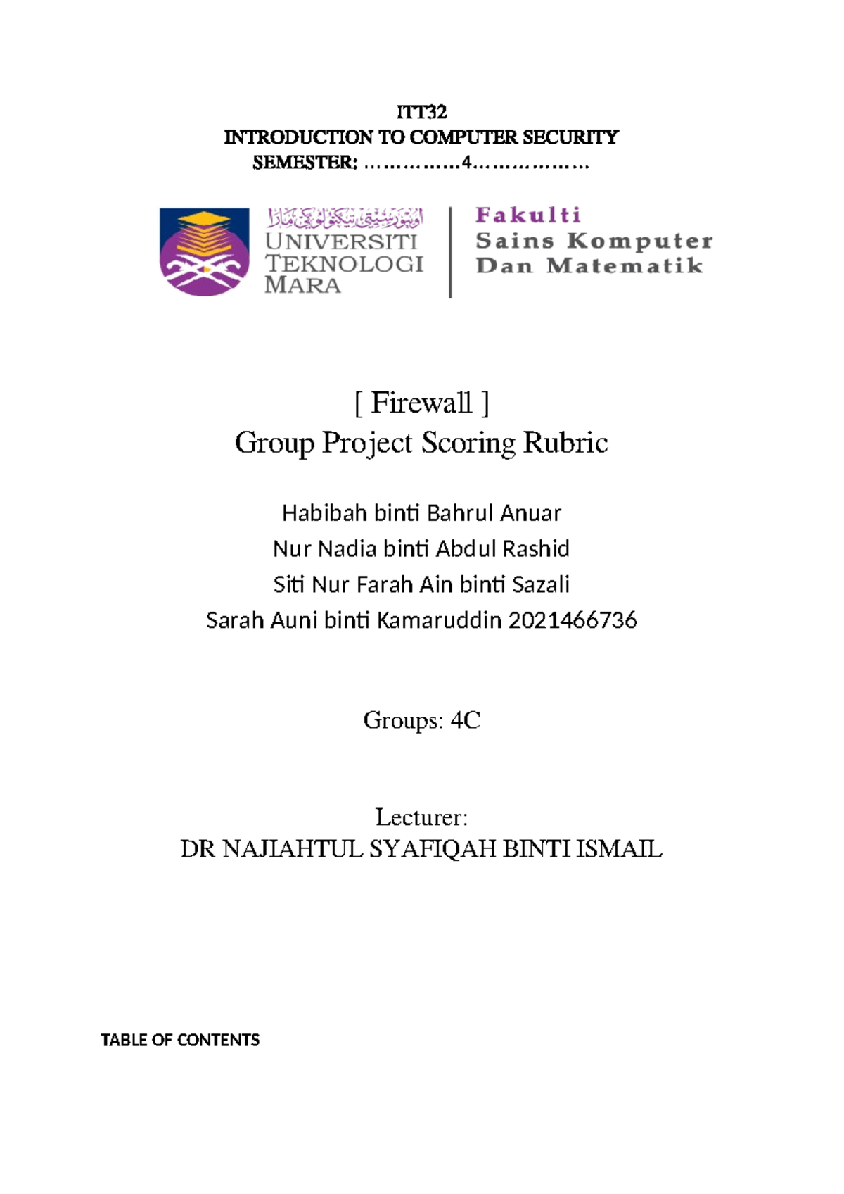 ITT32O Proposal - mnbvcxz - ITT INTRODUCTION TO COMPUTER SECURITY SEMESTER: - Studocu