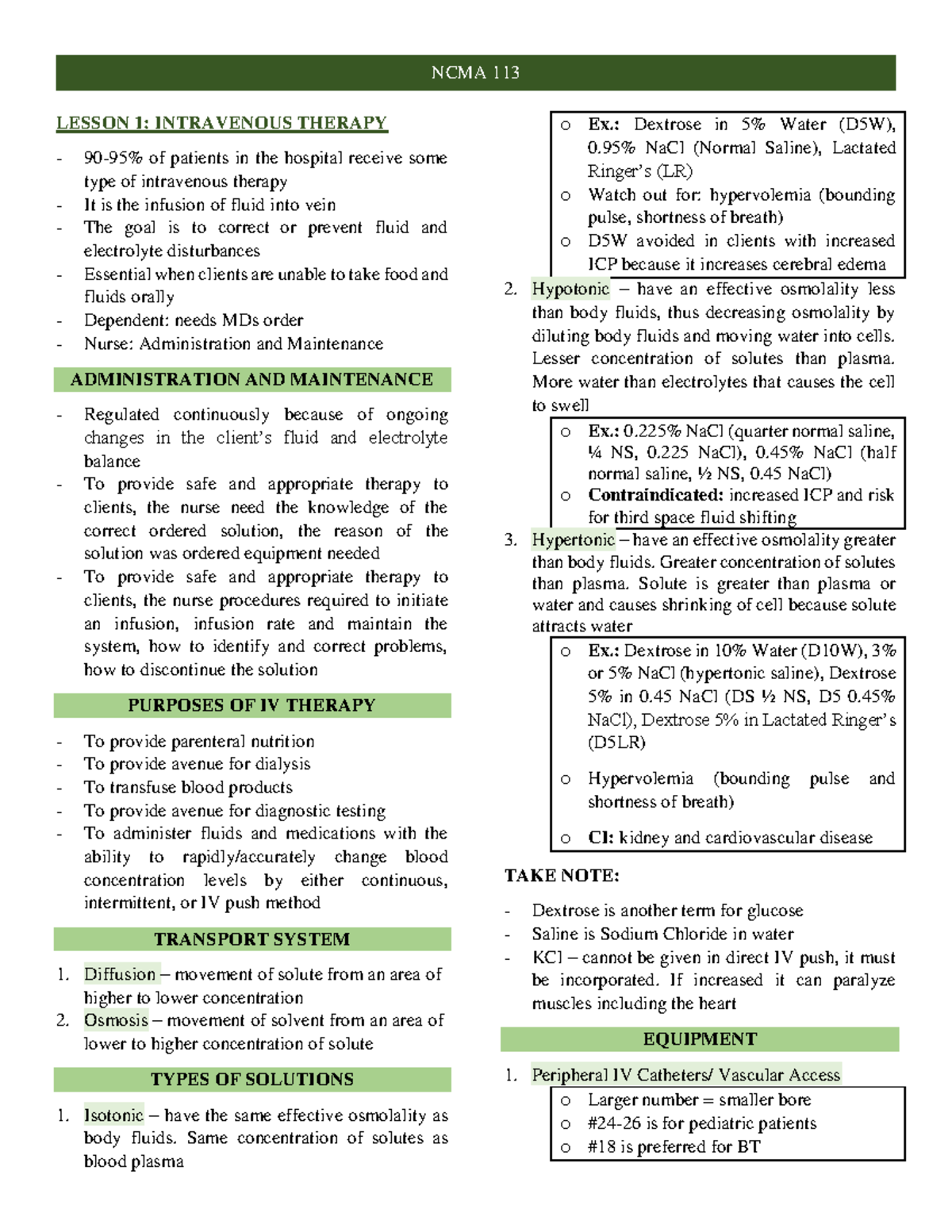 NCMA-113- Finals - Hehe - LESSON 1: INTRAVENOUS THERAPY 90-95% of ...