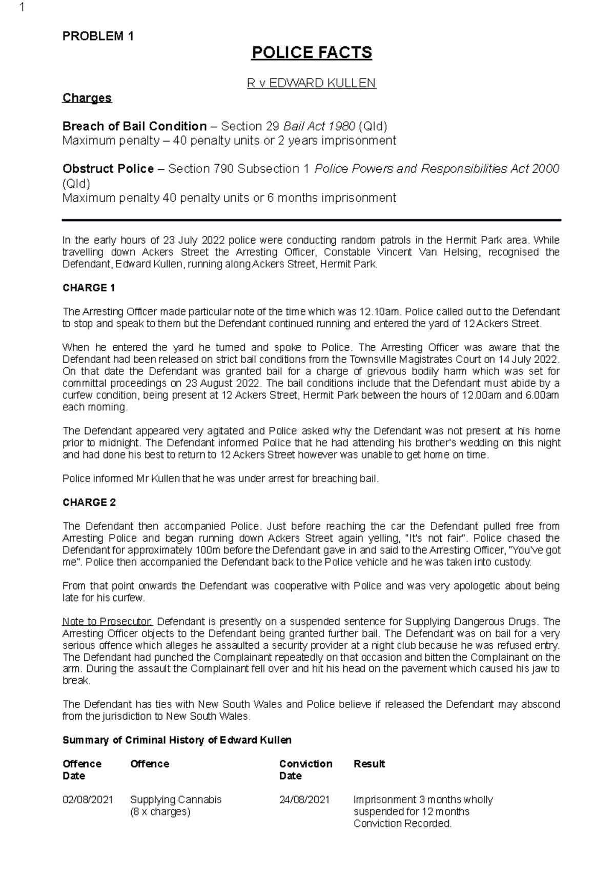 Bail and Sentence Prosecution documents - PROBLEM 1 POLICE FACTS R v ...