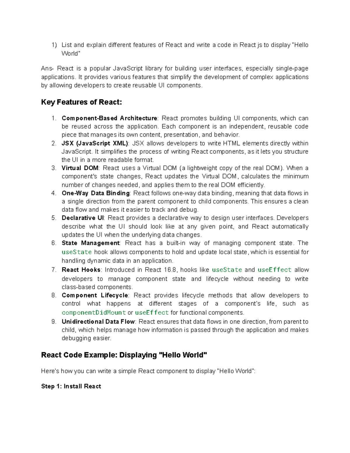 Ip module 5 React js - List and explain different features of React and write a code in React js ...