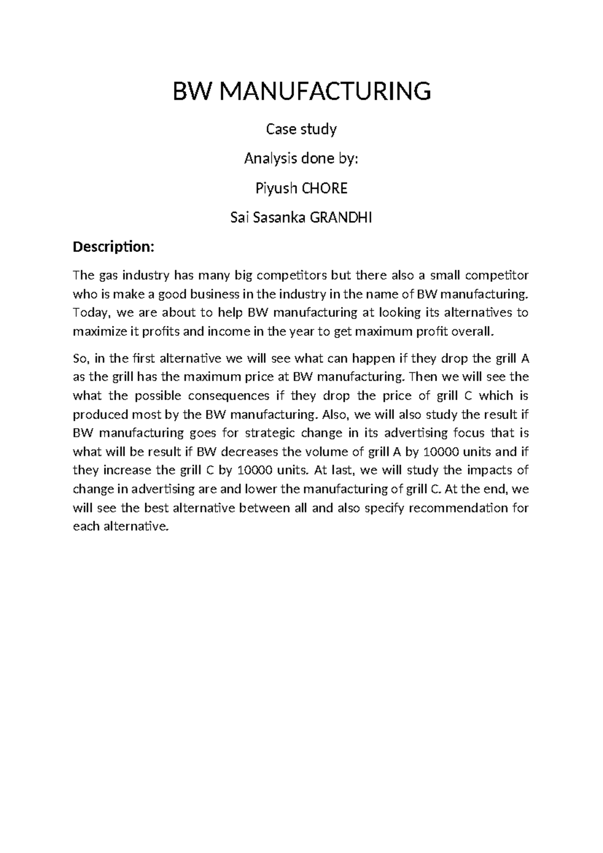 BW Manufacturing CASE BY Piyush Chore AND SAI Sasanka Grandhi - BW MANUFACTURING Case study ...