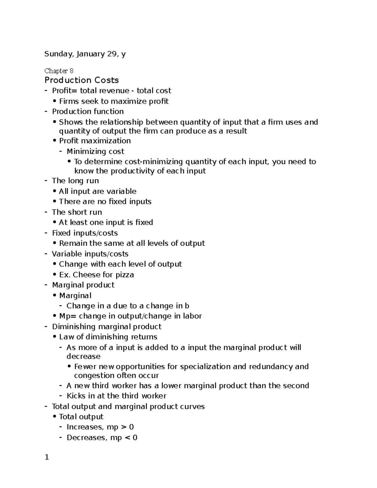 Economics Chapter 8 Notes - Sunday, January 29, y Chapter 8 Production ...