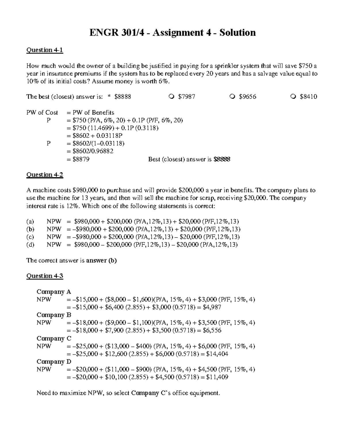 Pdfcoffee - asdfa ase - ENGR 301/4 - Assignment 4 - Solution Question 4 - How much would the ...