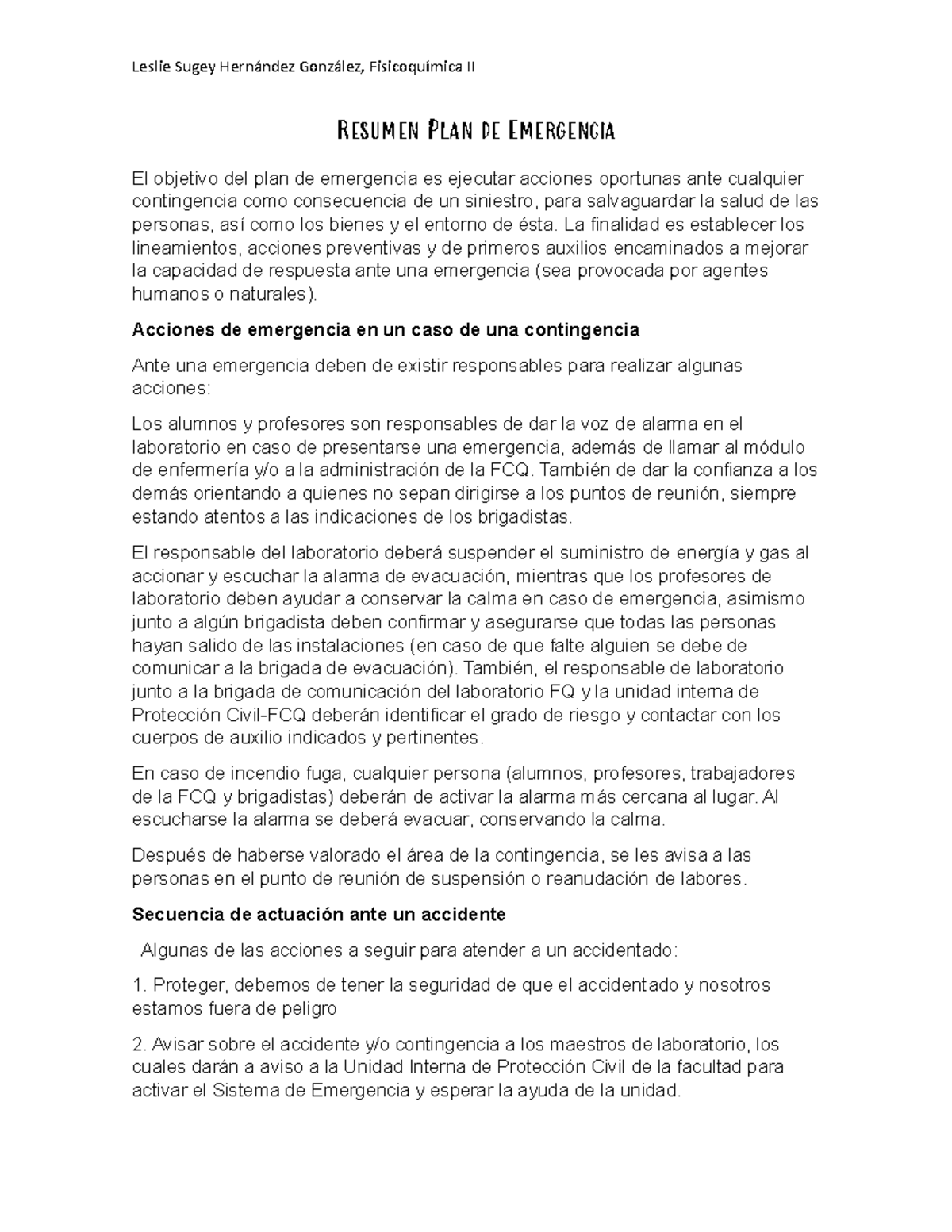 Resumen Plan de Emergencia-1 - La finalidad es establecer los ...