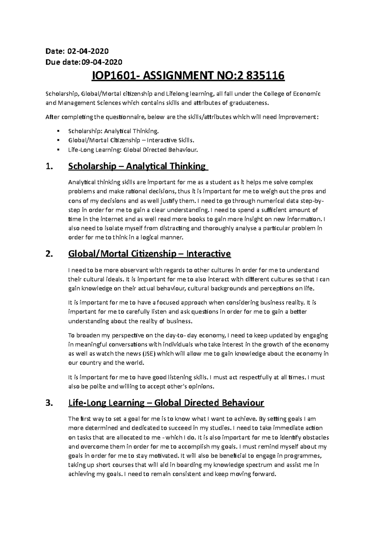 IOP1601- Assignment NO2 835116 - Date: 02-04- Due date:09-04- IOP1601 ...