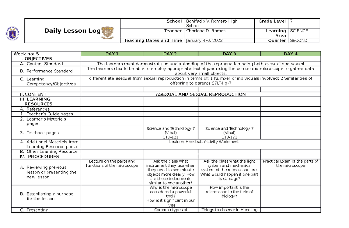 DLL-Q2W5 - DLL for grade 7 science quarter 2 - Daily Lesson Log School ...