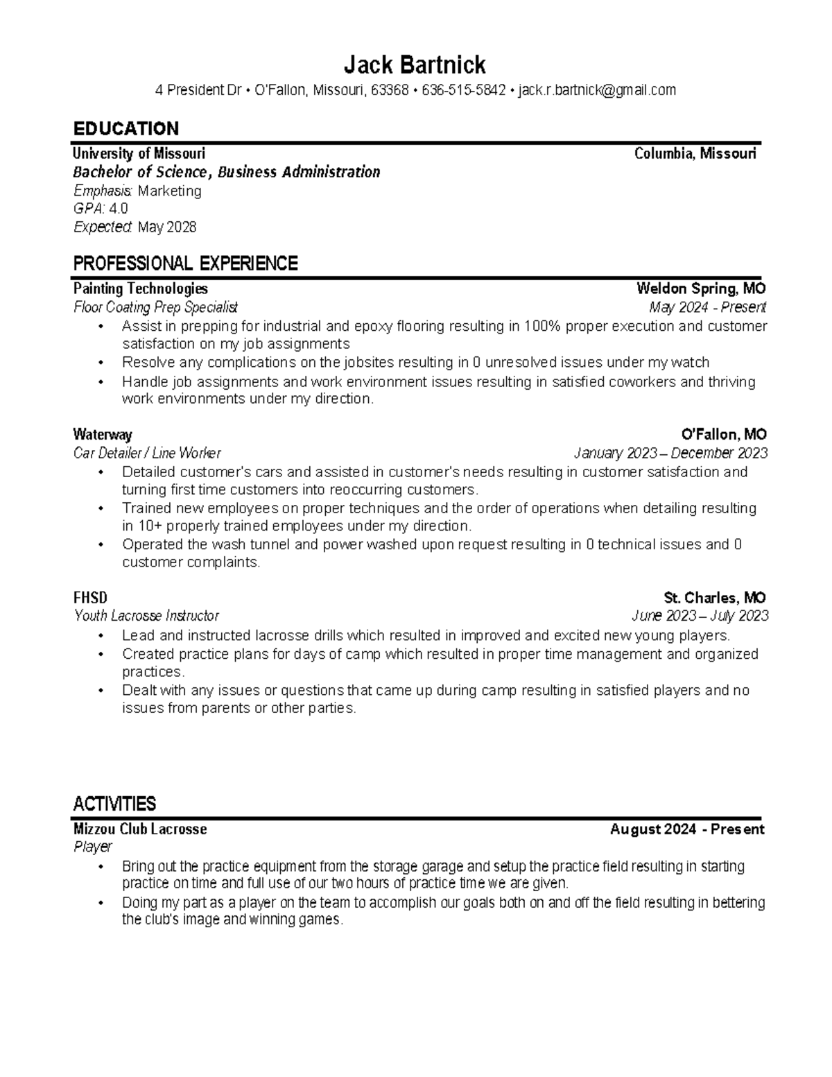 Trulaske Style Resume Format-1 - Jack Bartnick 4 President Dr • O ...
