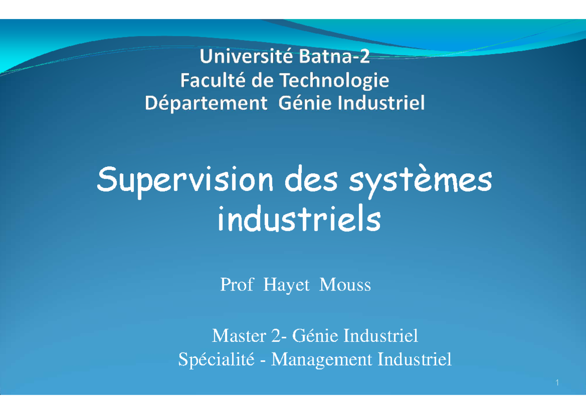 Sup mi 1 20 21 - Chapitre 1: Introduction à la Supervision: Objectifs ...