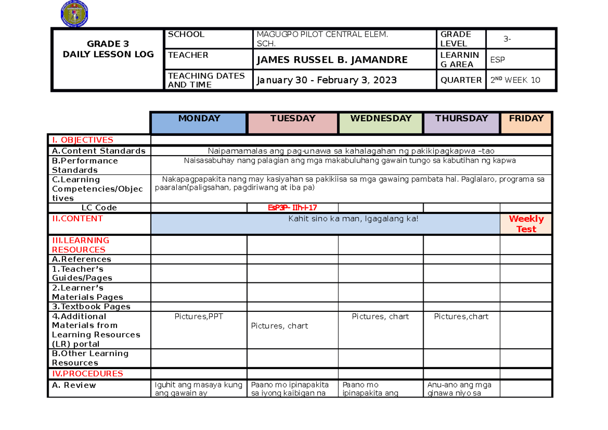 ESP-DLL-Week10 - kkjl - MONDAY TUESDAY WEDNESDAY THURSDAY FRIDAY I ...