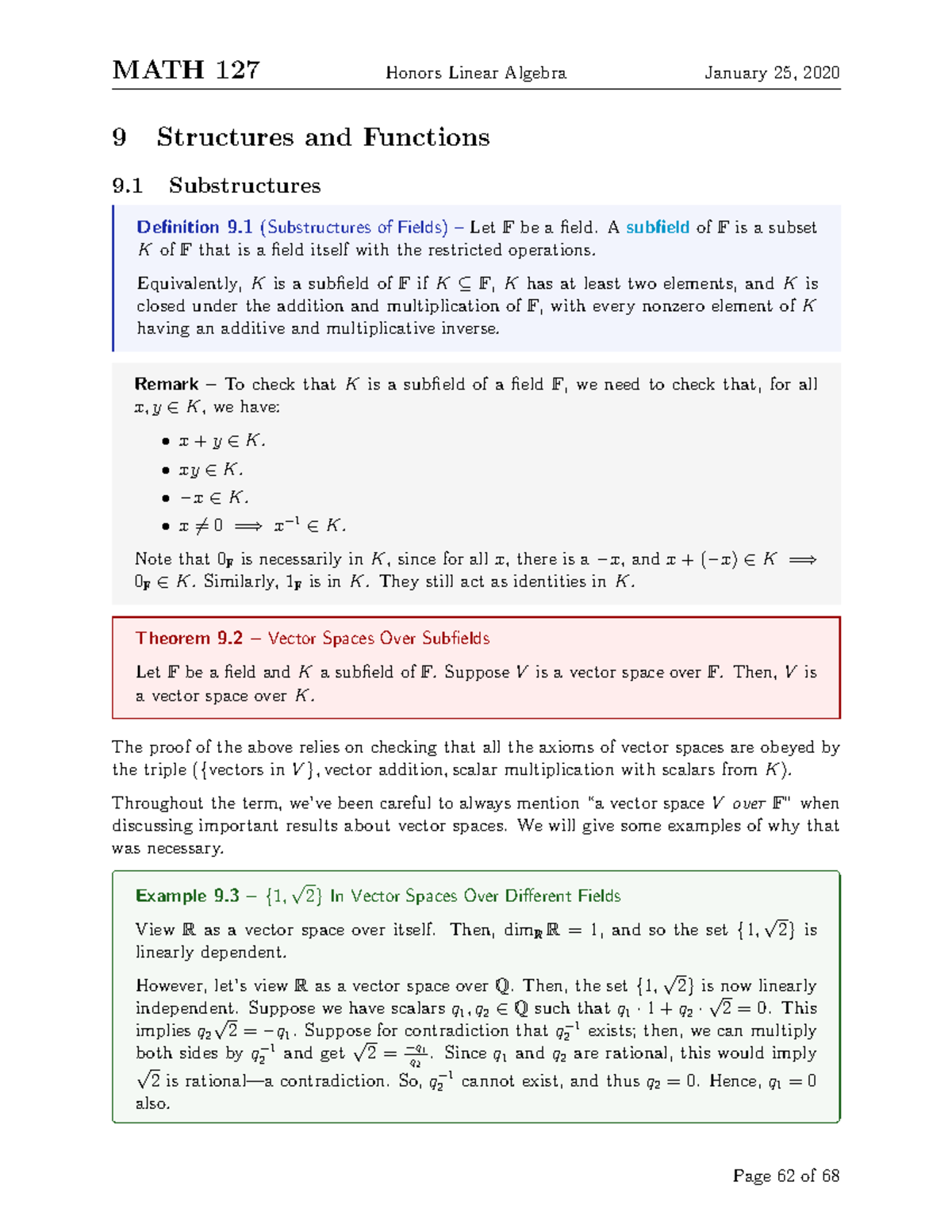 MATH 235-62 - Lecture notes 62 - MATH 127 Honors Linear Algebra January ...
