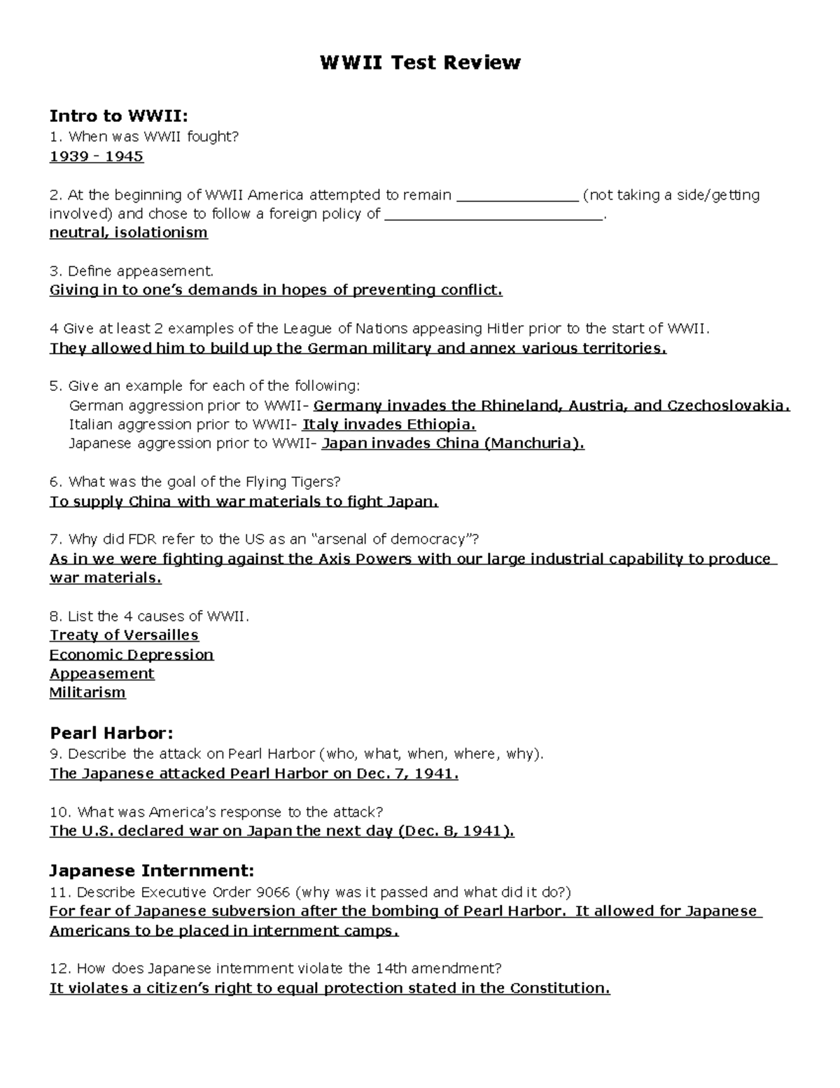 WWII Test Review Key 2022-2023 - WWII Test Review Intro to WWII: 1 ...