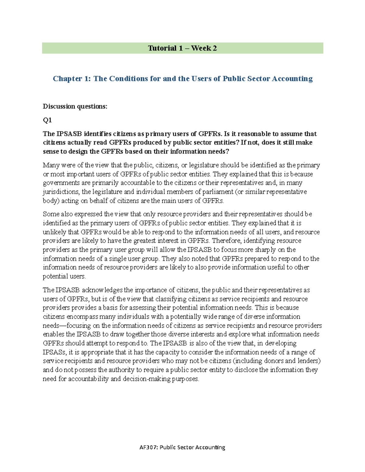 AF307 - Tutorial Solution - AF307: Public Sector Accounting Tutorial 1 – Week 2 Chapter 1: The ...