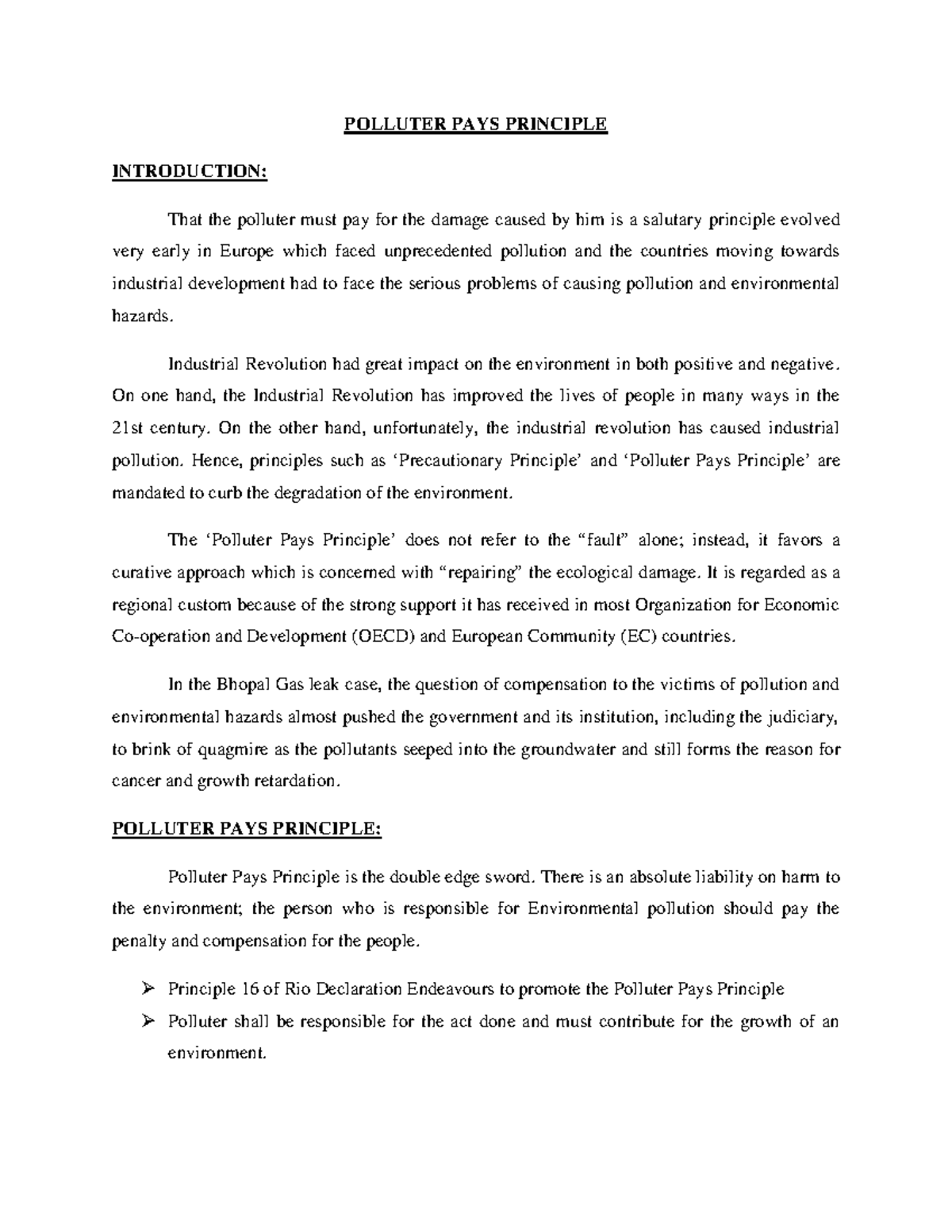 Polluter PAYS Principle - POLLUTER PAYS PRINCIPLE INTRODUCTION: That ...