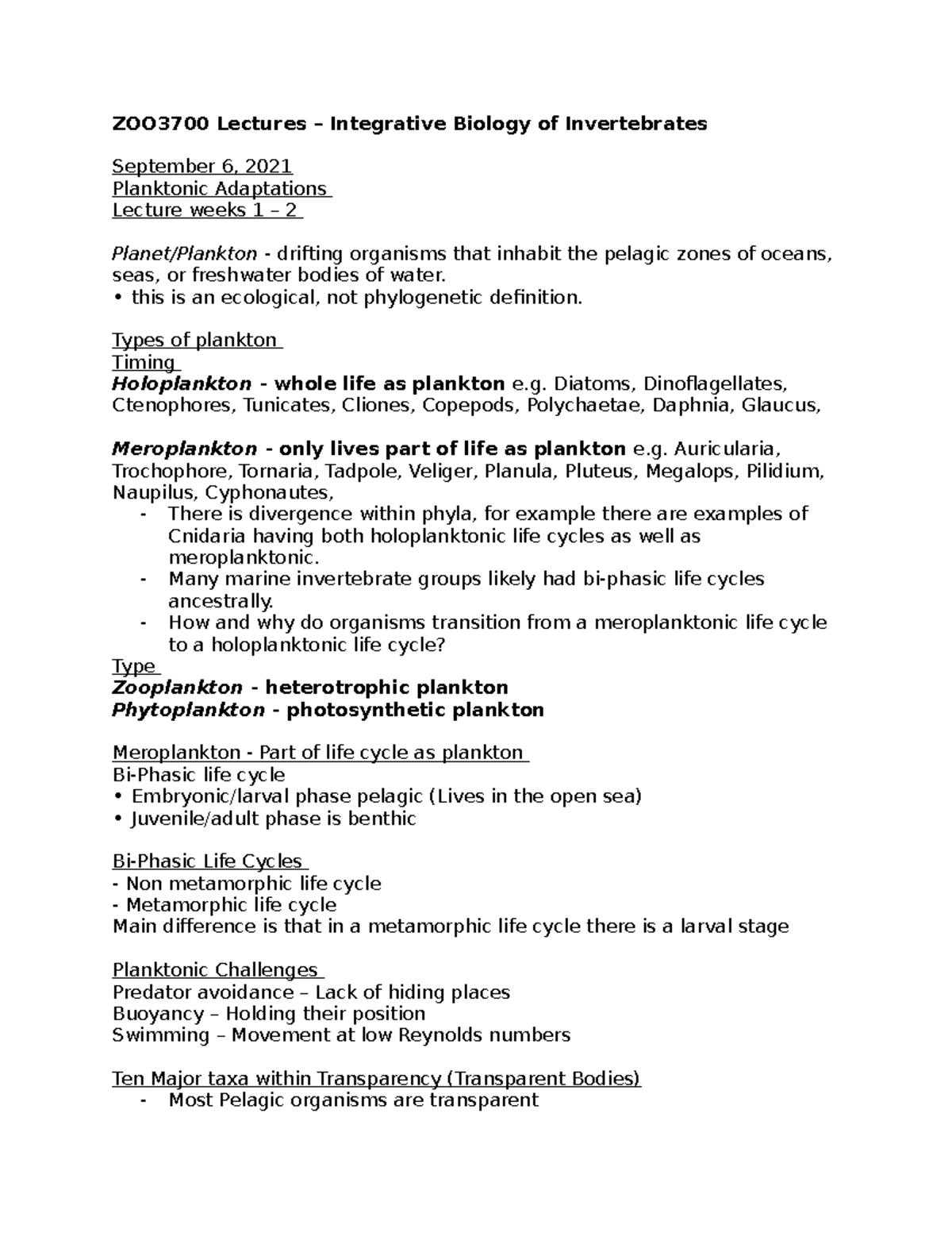 ZOO3700 Lectures - Lecture notes - ZOO3700 Lectures – Integrative ...