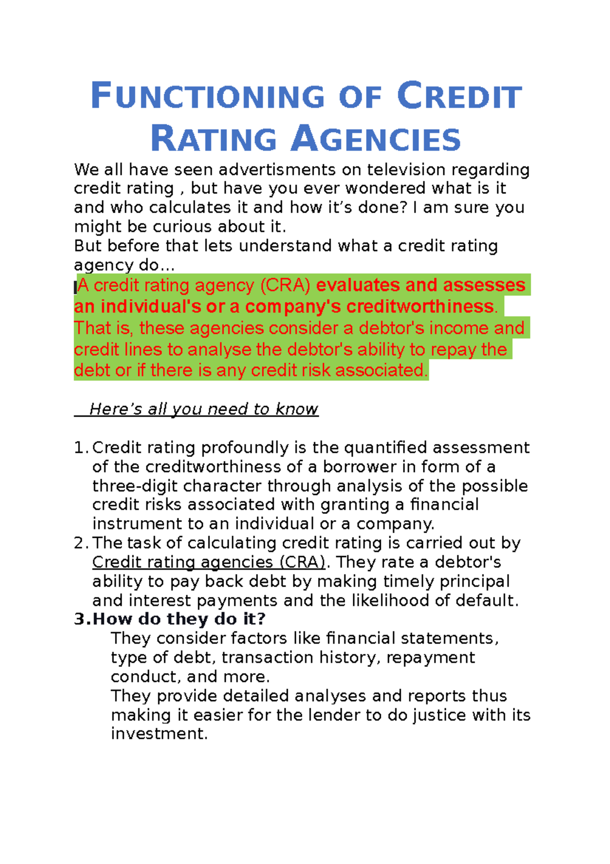 Functioning of CRA - new material - FUNCTIONING OF CREDIT RATING ...