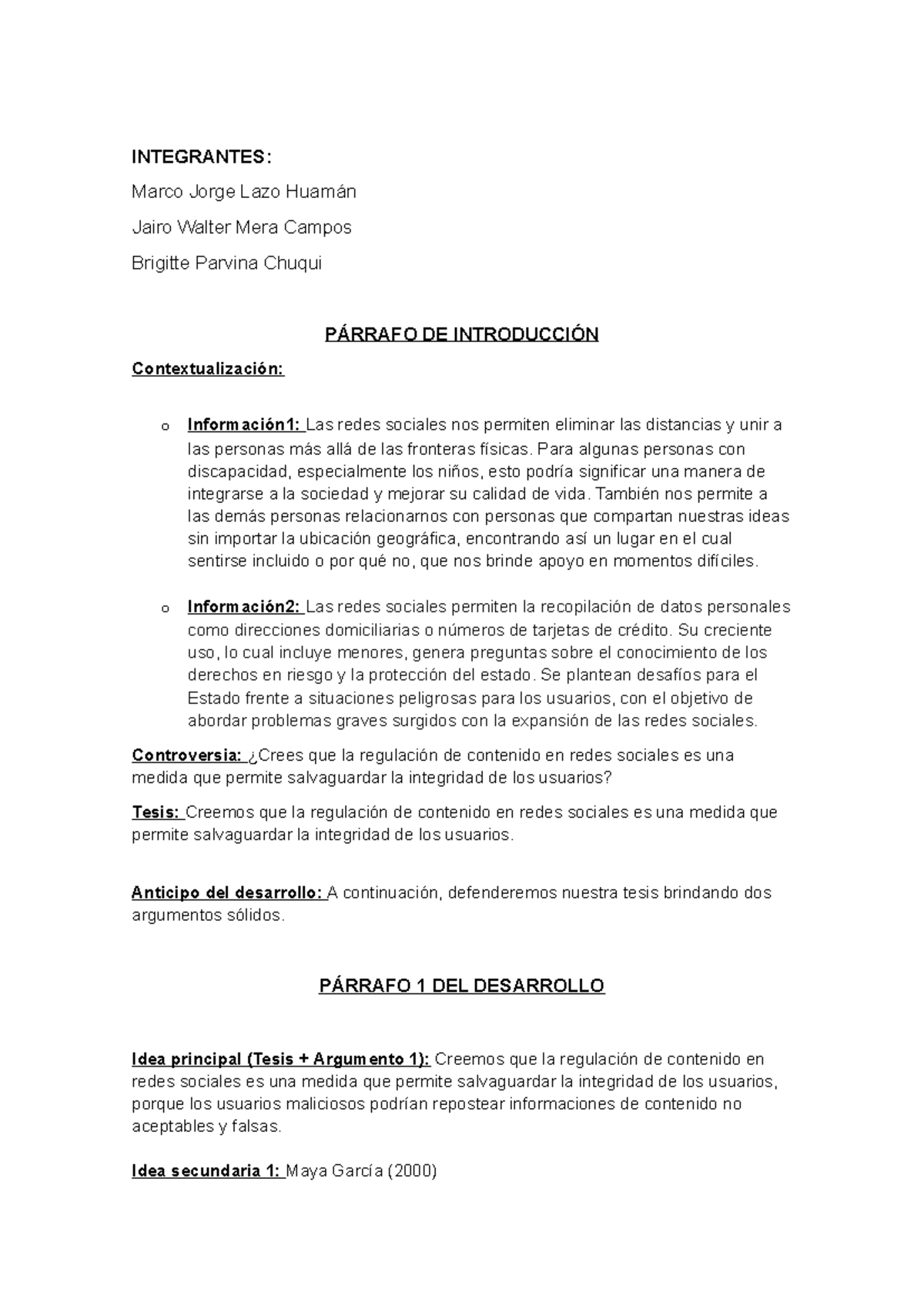 Estructura para la redacción preliminar - INTEGRANTES: Marco Jorge Lazo ...