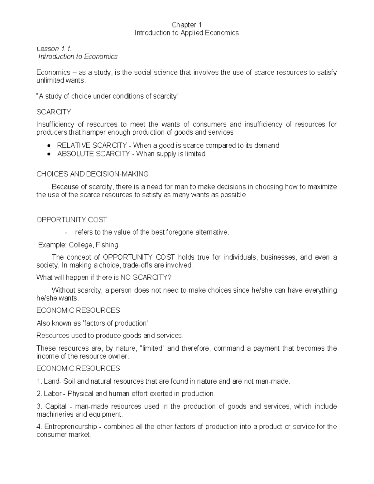 Notes for Applied Economics MICROECONOMICS - Chapter 1 Introduction to ...