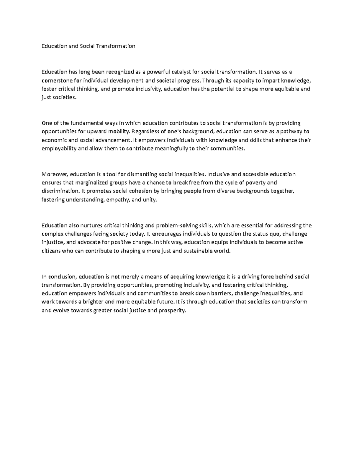 Education and Social Transformation - Education and Social ...