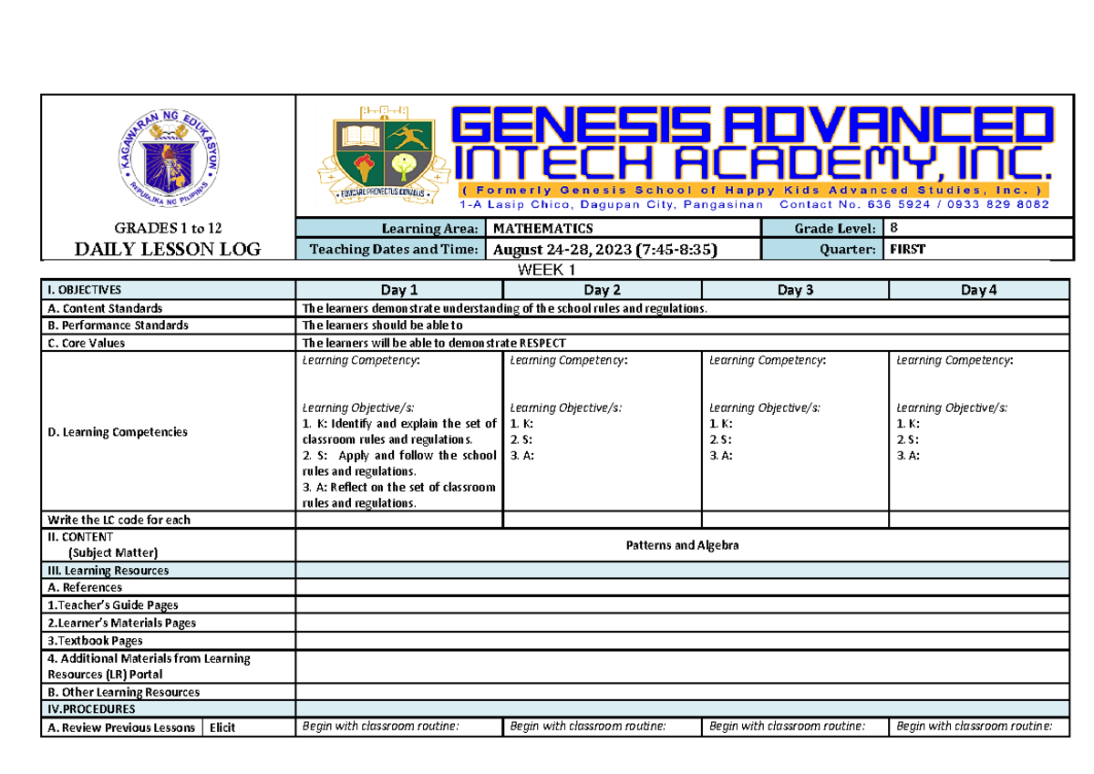 Daily lesson log - GRADES 1 to 12 Learning Area: MATHEMATICS Grade ...