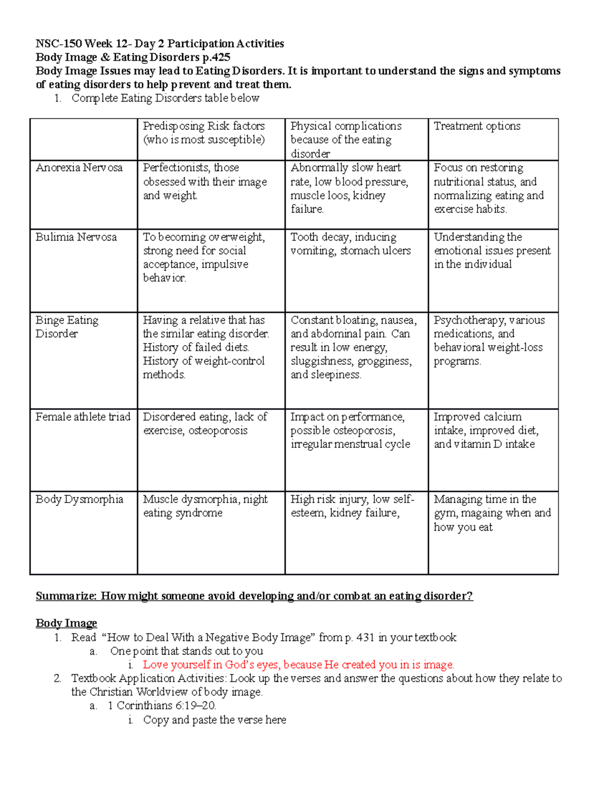 Body Image Eating Disorders Participation - NSC-150 Week 12- Day 2 ...
