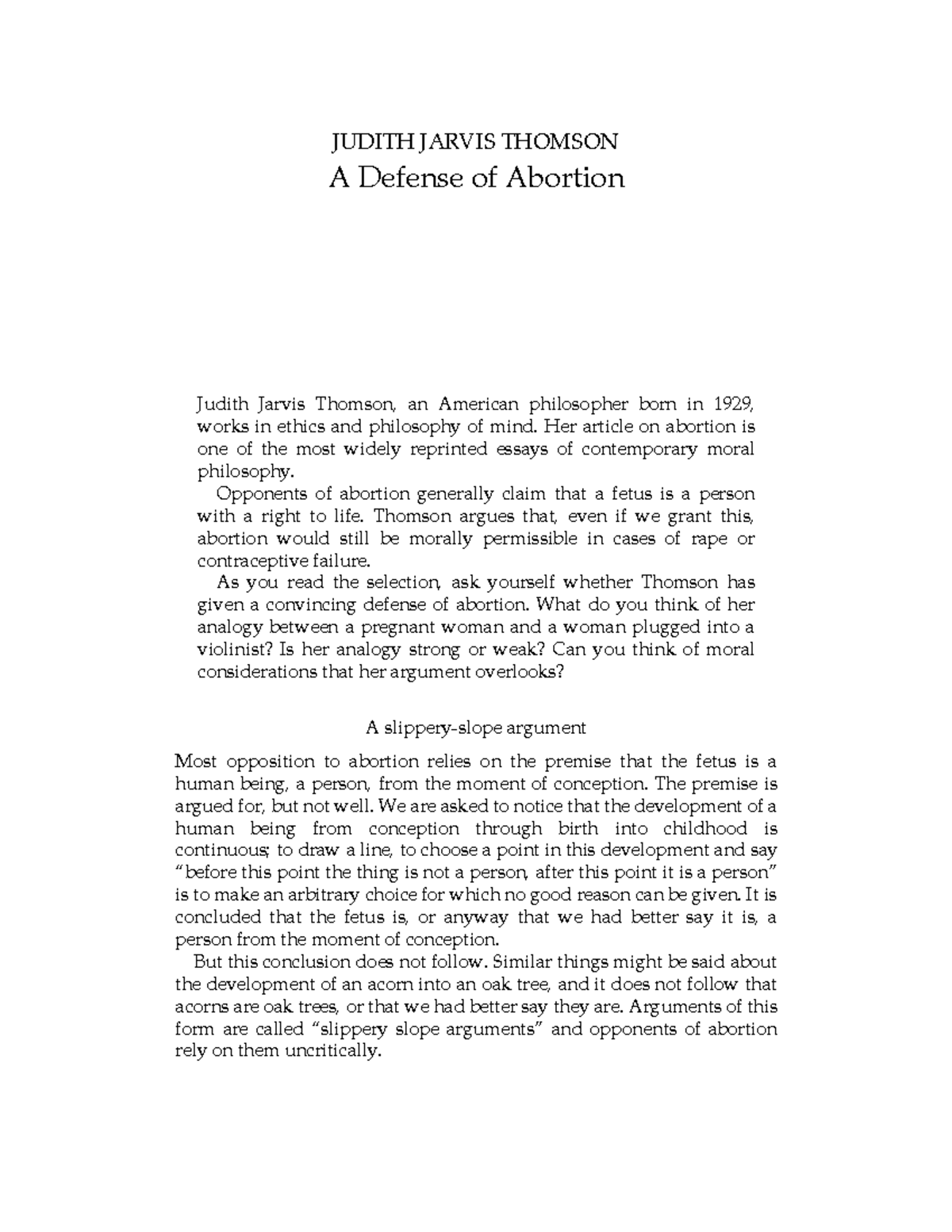Defense of abortion thomson PDF - JUDITH JARVIS THOMSON A Defense of ...