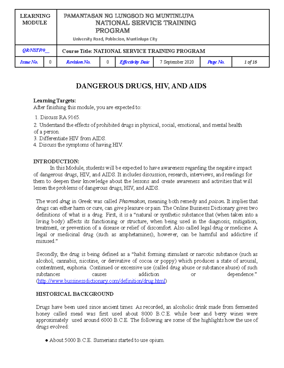 Module 3 Dangerous Drugs HIV AND AIDS - LEARNING MODULE PAMANTASAN NG ...