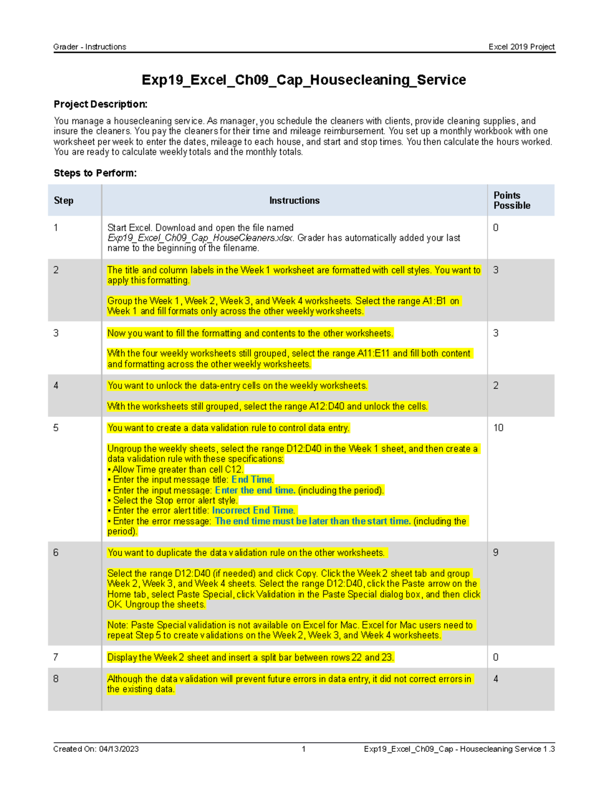 Exp19 Excel Ch09 Cap Housecleaning Service Instructions - Grader - Instructions Excel 2019 ...