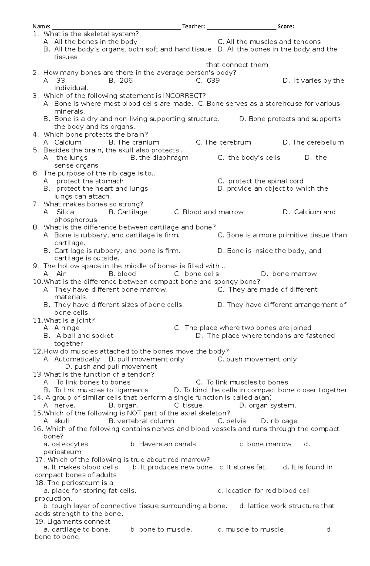 Skeletal system unit test - Name ...