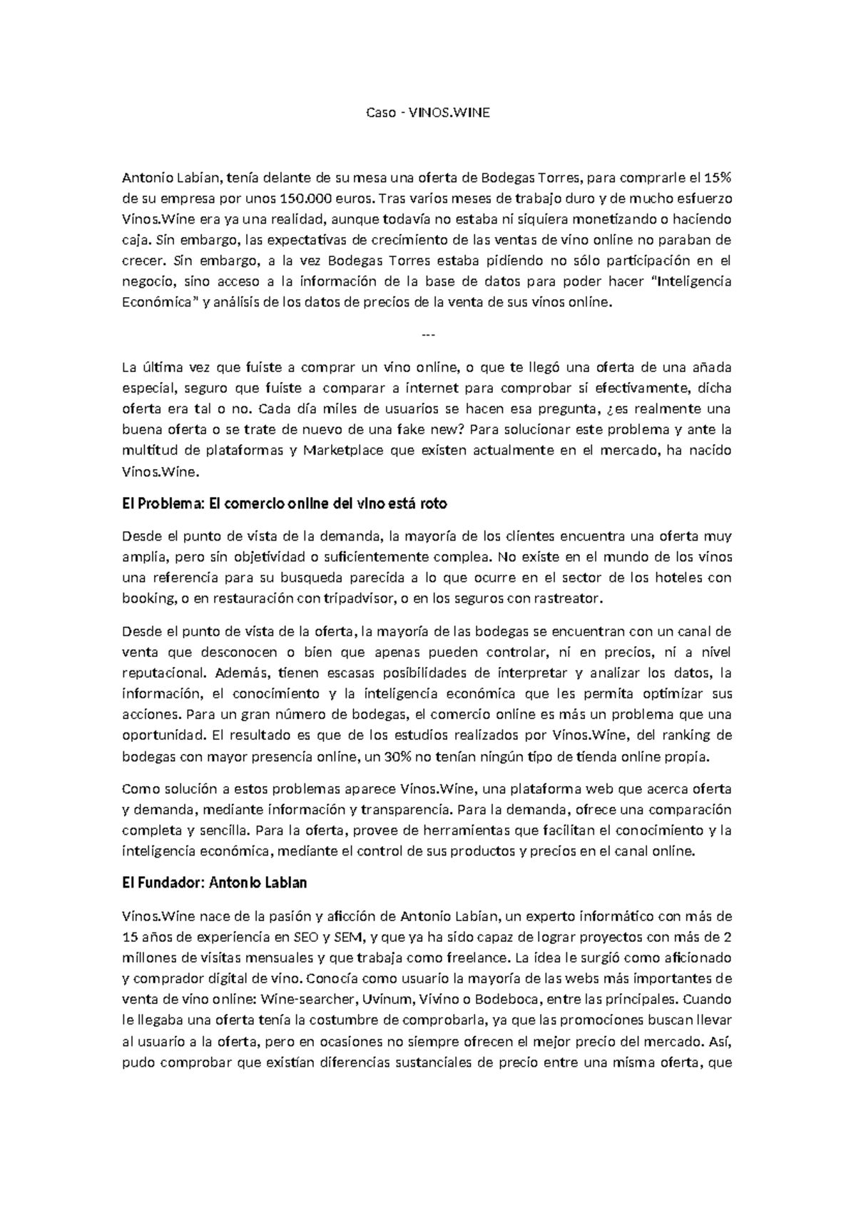 Caso 1 - Vinos.Wine (español) - Caso - VINOS Antonio Labian, tenía ...