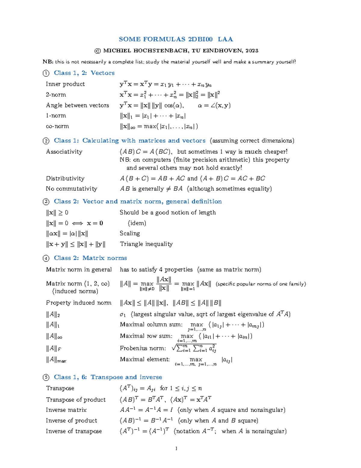 Formulas-2DBI00 - formulas for linear algebra - SOME FORMULAS 2DBI00 ...