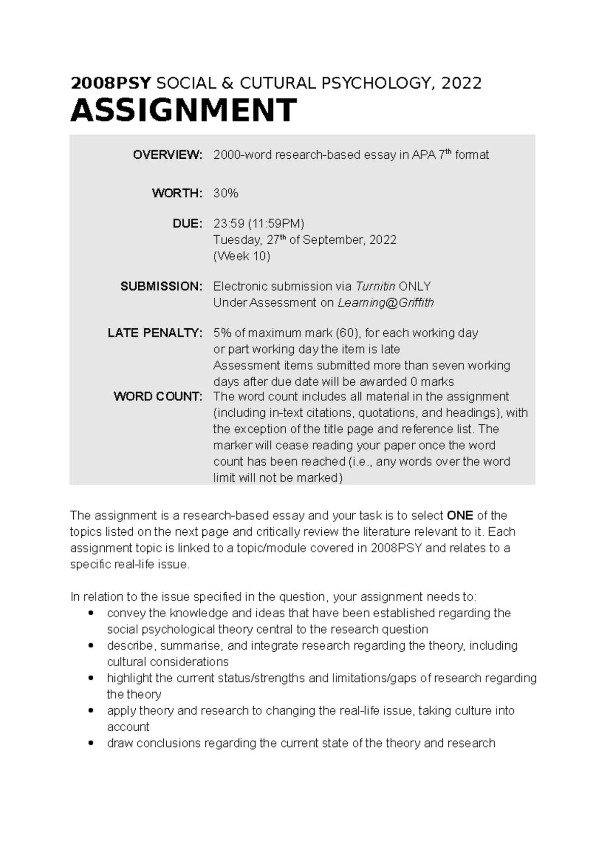 2008 PSY Assignment Information - 2022 - 2008PSY SOCIAL & CUTURAL PSYCHOLOGY, 2022 ASSIGNMENT ...
